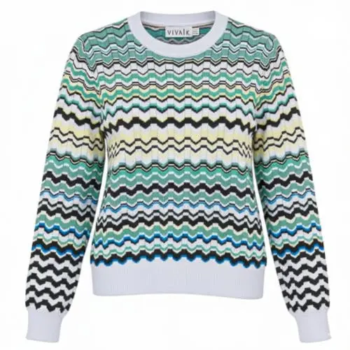 VIVA K Crochet Chevron Ribbed Long Sleeve Sweater - Mint Multi