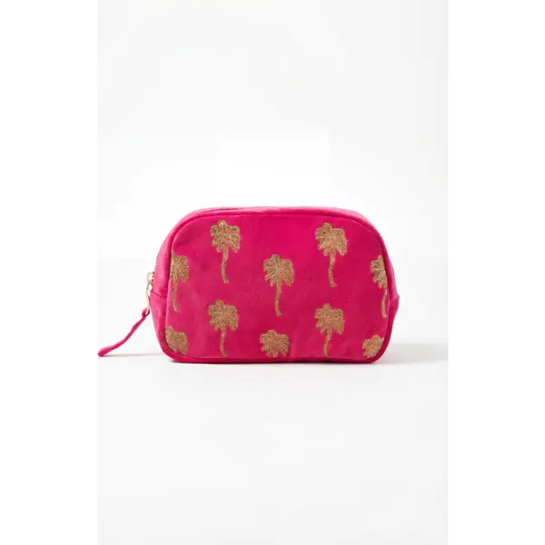 ELIZABETH SCARLETT Gold Palm Velvet Makeup Bag - Pink