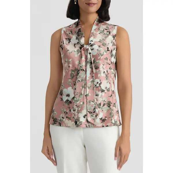 KASPER Floral Print Tie Neck Sleeveless Top - Tearose Multi