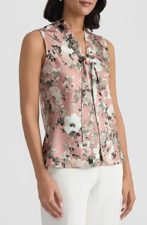 KASPER Floral Print Tie Neck Sleeveless Top - Tearose Multi
