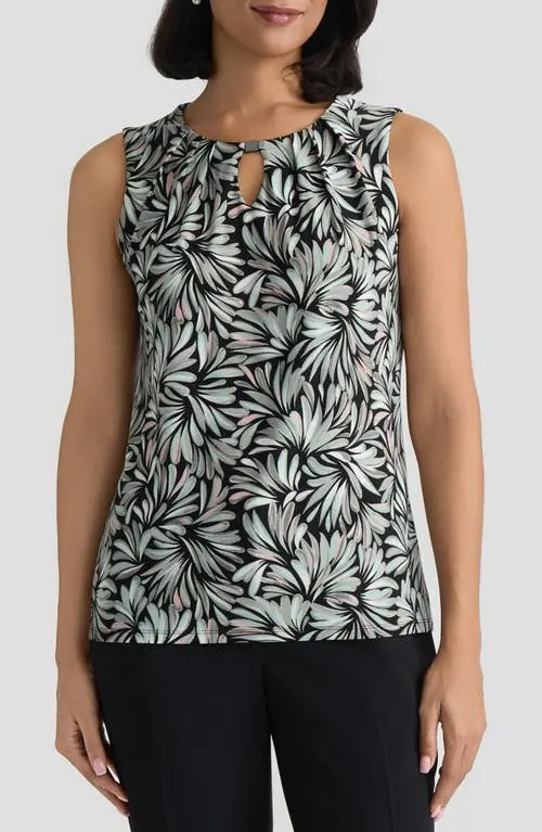 KASPER Sleeveless Floral Print Pleat Neck Top
