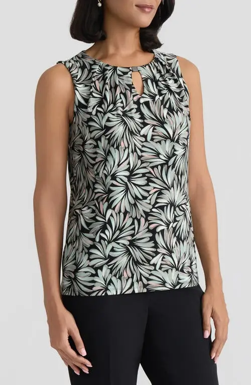 KASPER Sleeveless Floral Print Pleat Neck Top