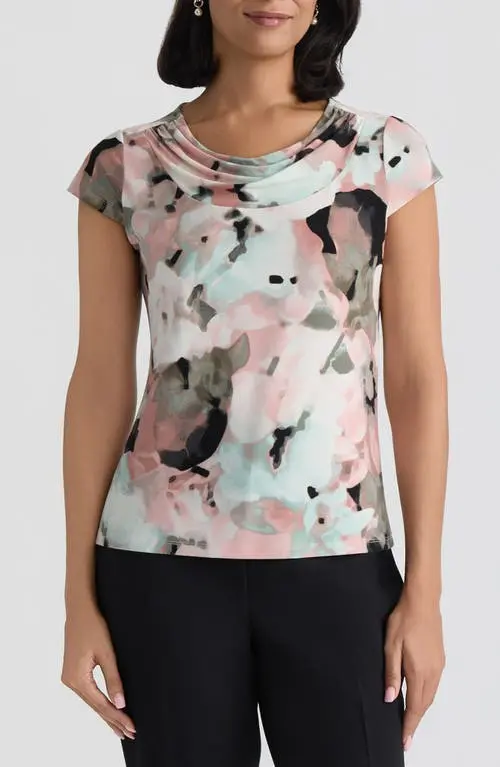 KASPER Blurred Floral Print Cowl Neck Top - Tearose Multi
