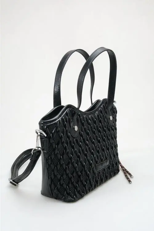 PROLOGUE SHOES Amalfi Woven Satchel With Beaded Tassel - Black