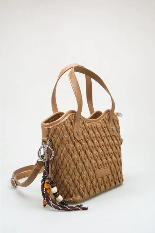 PROLOGUE SHOES Amalfi Woven Satchel With Beaded Tassel - Cognac