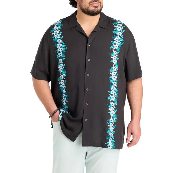 OAK HILL BY DXL Big & Tall Floral Striped Sport Shirt - Black