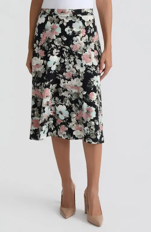 KASPER Floral Print Pull-on Midi Skirt - Black Multi