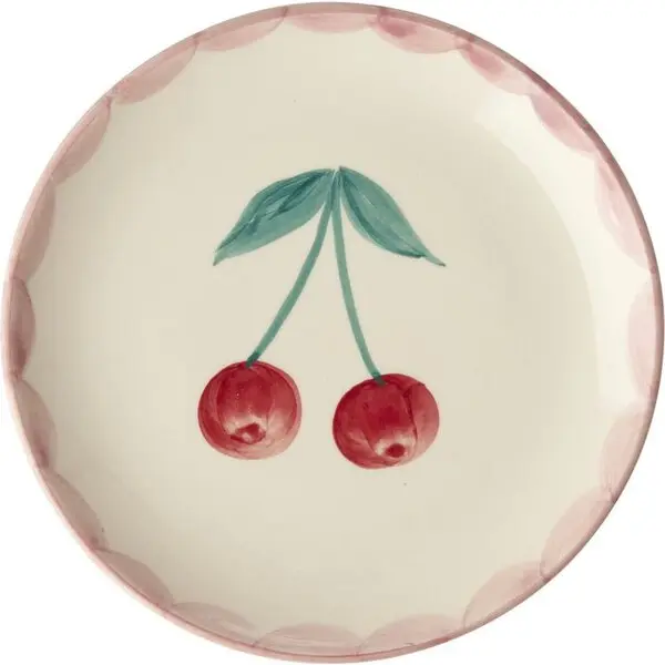 RICE BY RICE Ceramic Cake Plate Hand Painted Cherries - Red