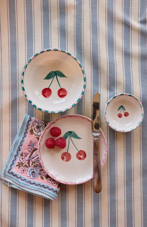 RICE BY RICE Ceramic Cake Plate Hand Painted Cherries