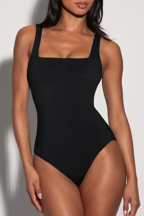 TA3 Mega Sculpting Square Neck One Piece Swimsuit With Lace-up Back - Black