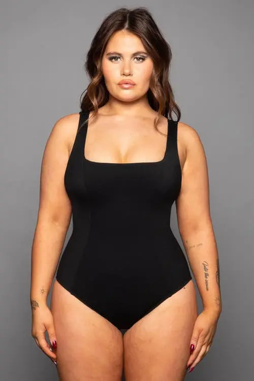 TA3 Mega Sculpting Square Neck One Piece Swimsuit With Lace-up Back - Black