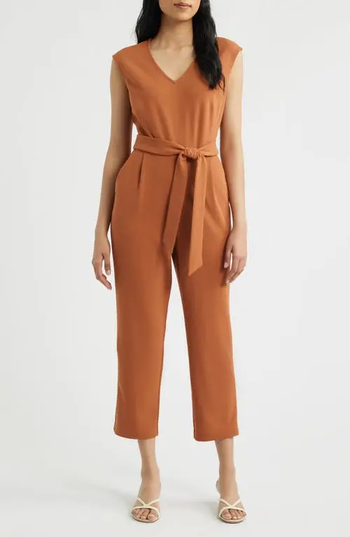 Anne Klein V-neck Belted Straight Leg Jumpsuit - Cedar Spice