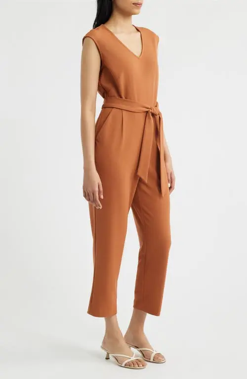 Anne Klein V-neck Belted Straight Leg Jumpsuit - Cedar Spice