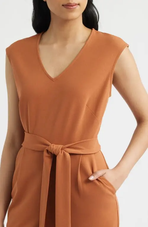 Anne Klein V-neck Belted Straight Leg Jumpsuit - Cedar Spice