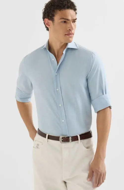 Brunello Cucinelli Cotton And Cashmere -effect Diagonal Shirt With Spread Collar - Sky Blue
