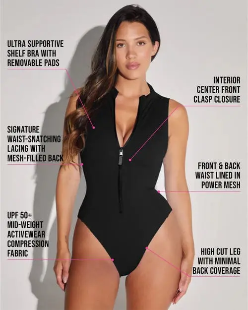 TA3 Adjustable Zip Front High Cut One-piece Swimsuit - Black