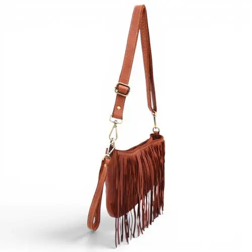 BOLSA NOVA HANDBAGS Bolsa Nova Washed Leather Fringe Crossbody - Cognac