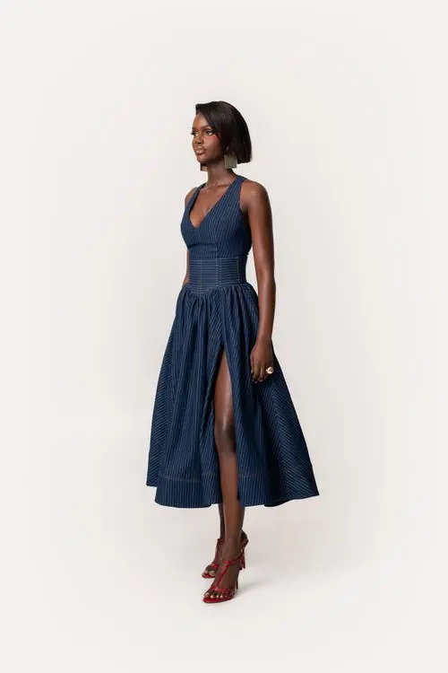 OFUURE Noemi Midi Dress In Pinstripe - Denim