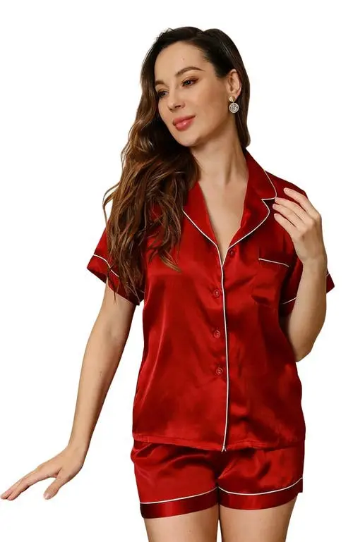 SILKSILKY Pure Silk Pajamas Short Pjs Set Two-piece - Wine