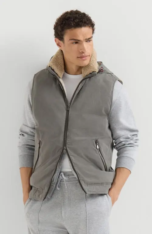 Brunello Cucinelli Waxed Techno Cotton Down Vest With Detachable Hood - Grey