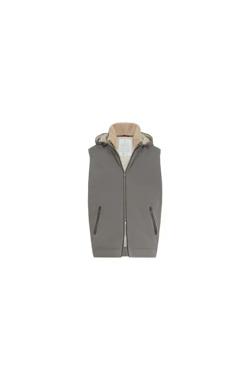 Brunello Cucinelli Waxed Techno Cotton Down Vest With Detachable Hood