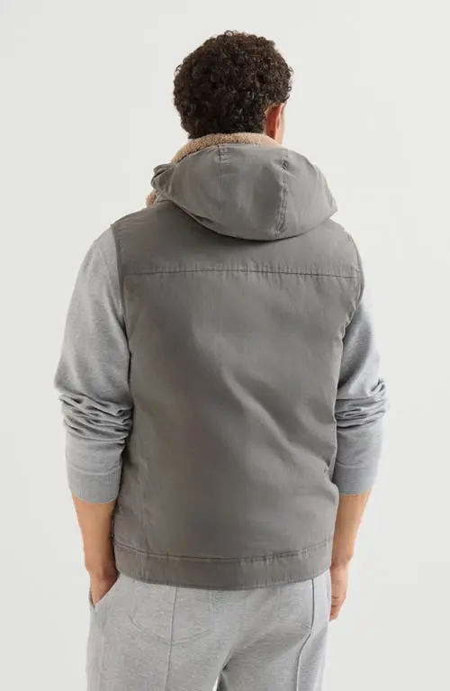 Brunello Cucinelli Waxed Techno Cotton Down Vest With Detachable Hood