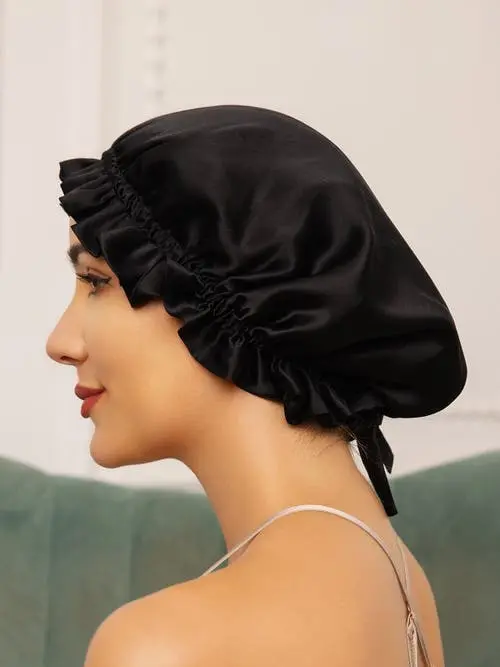 SILKSILKY Pure Silk Double Layer Bonnet With Ribbon - Black