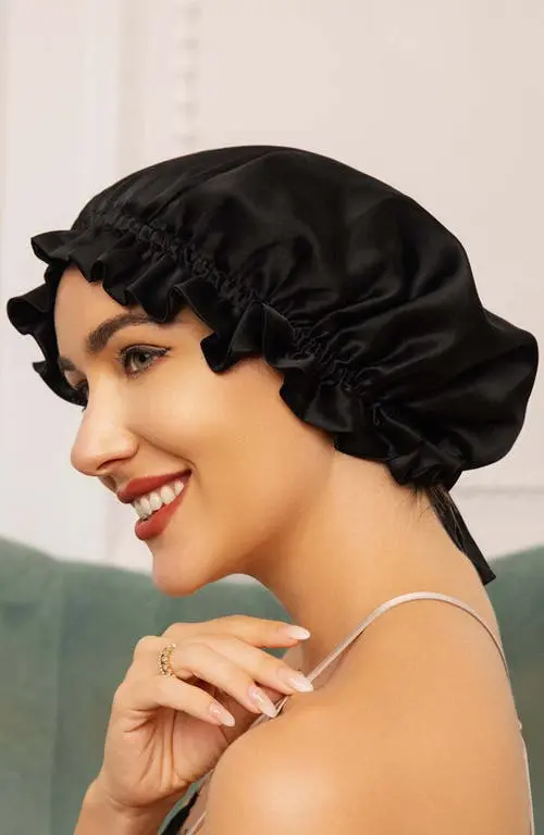 SILKSILKY Pure Silk Double Layer Bonnet With Ribbon - Black