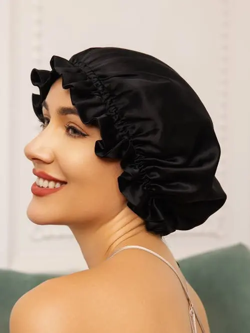 SILKSILKY Pure Silk Double Layer Bonnet With Ribbon - Black