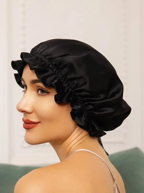 SILKSILKY Pure Silk Double Layer Bonnet With Ribbon - Black