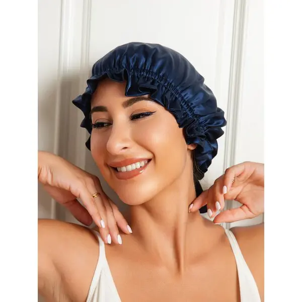 SILKSILKY Pure Silk Double Layer Bonnet With Ribbon - Darkblue
