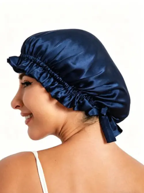 SILKSILKY Pure Silk Double Layer Bonnet With Ribbon - Darkblue