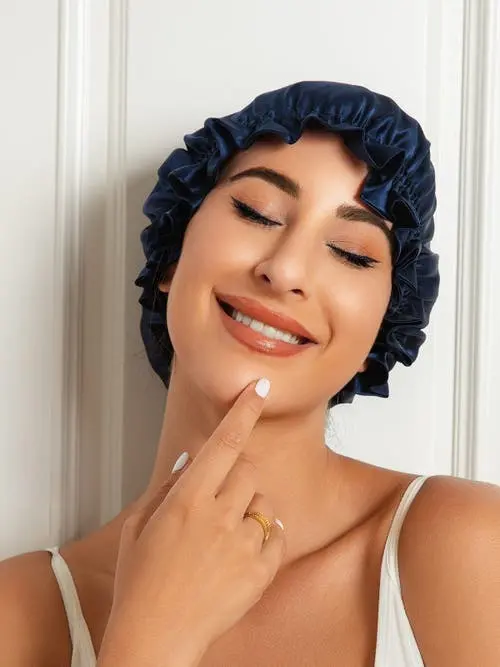 SILKSILKY Pure Silk Double Layer Bonnet With Ribbon - Darkblue