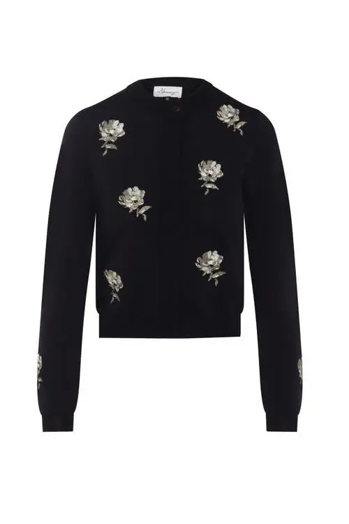 THE NORWAY CLUB Embroidered Floral Button Front Cropped Knit Cardigan - Black/ash
