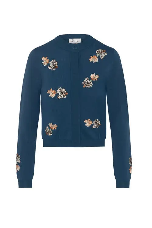 THE NORWAY CLUB Embroidered Floral Button Front Cropped Knit Cardigan - Midnight Blue/rust