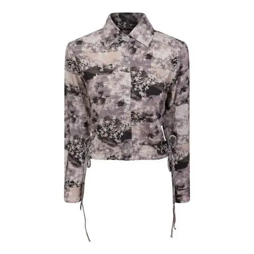 THE NORWAY CLUB Linen Button Front Drawstring Cropped Blouse - Grey