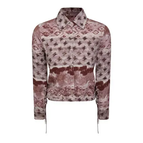 THE NORWAY CLUB Linen Button Front Drawstring Cropped Blouse - Wine
