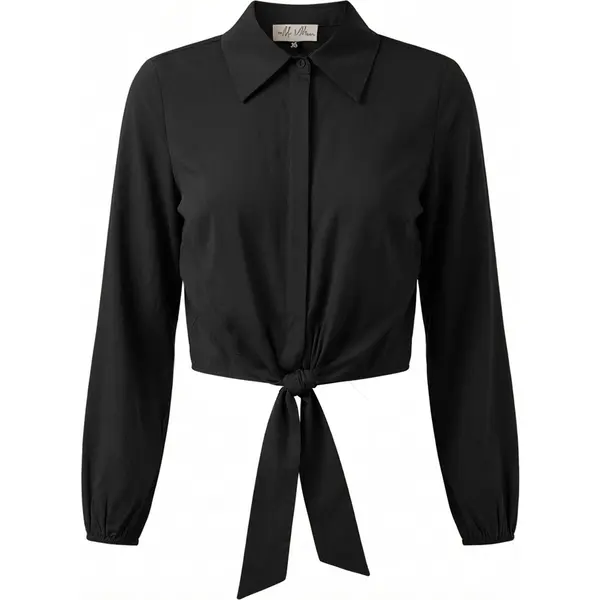 THE NORWAY CLUB Cropped Hidden Placket Hem Tie Blouse - Black