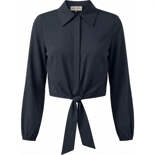 THE NORWAY CLUB Cropped Hidden Placket Hem Tie Blouse - Dark Navy