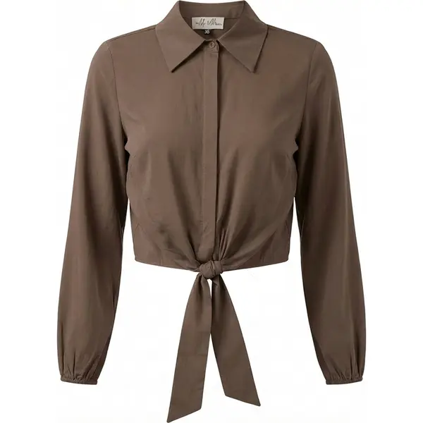 THE NORWAY CLUB Cropped Hidden Placket Hem Tie Blouse - Espresso