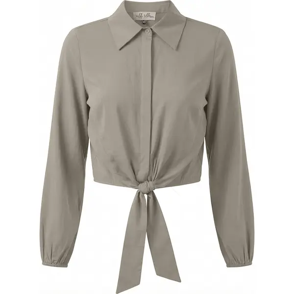 THE NORWAY CLUB Cropped Hidden Placket Hem Tie Blouse - Stone