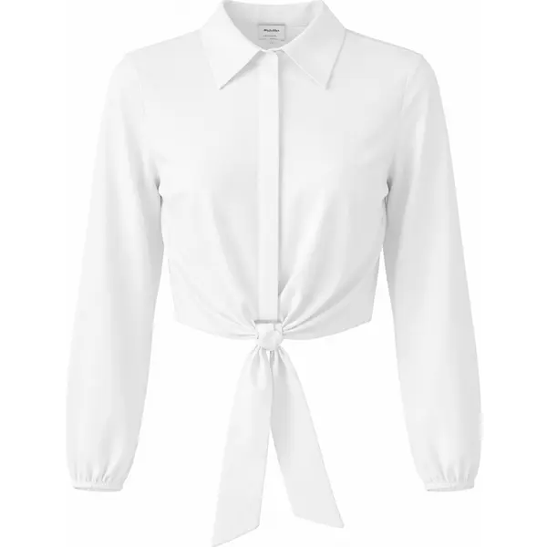 THE NORWAY CLUB Cropped Hidden Placket Hem Tie Blouse - White