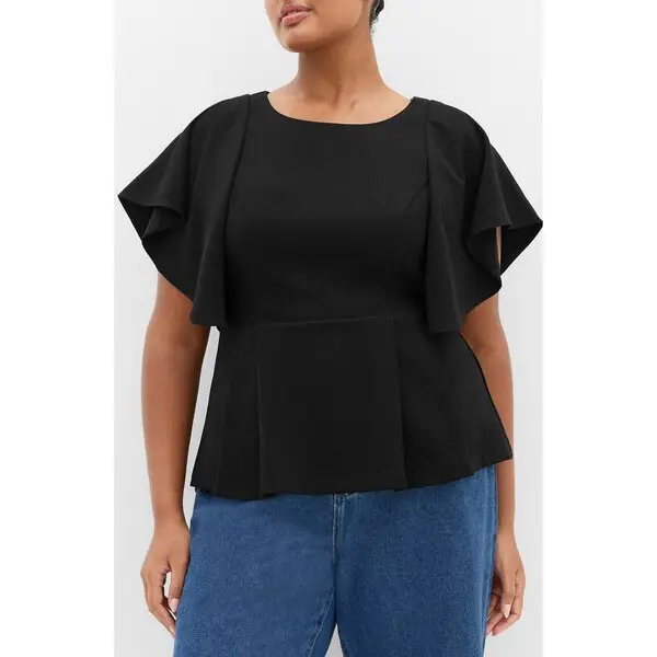 City Chic Flutter Sleeve Peplum Top - Black