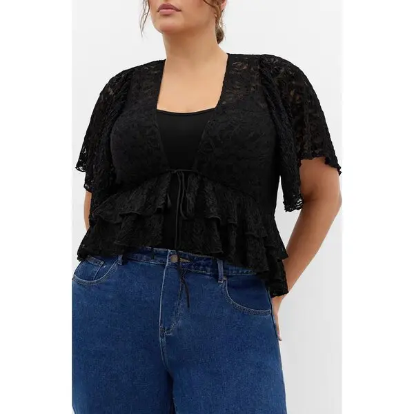 City Chic Lily Sheer Lace Crop Top - Black