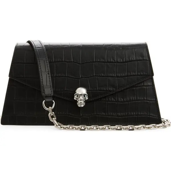 Alexander McQueen Mini Skull Croc Embossed Leather Crossbody Bag - Black