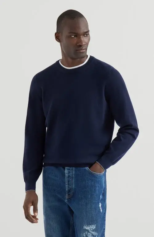 Brunello Cucinelli Ribbed Cashmere Crewneck Sweater - Navy Blue