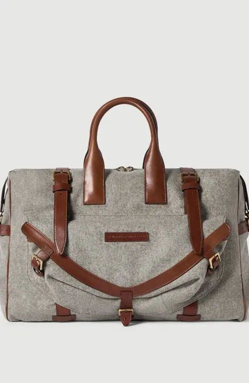 Brunello Cucinelli Virgin Wool, Alpaca, And Cashmere Flannel Field Bag With Grained Calfskin Inserts - Medium Grey