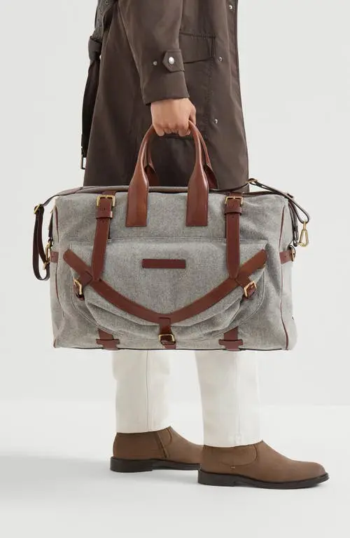 Brunello Cucinelli Virgin Wool, Alpaca, And Cashmere Flannel Field Bag With Grained Calfskin Inserts