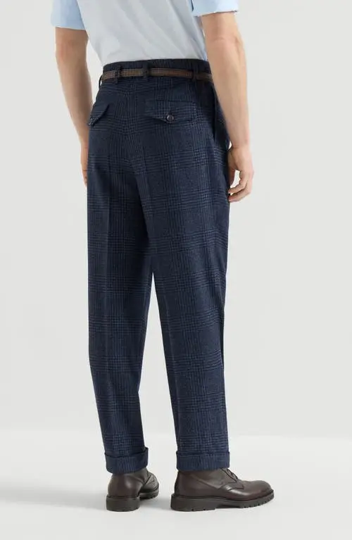 Brunello Cucinelli Double Pleat Prince Of Wales Flannel Trousers - Blue
