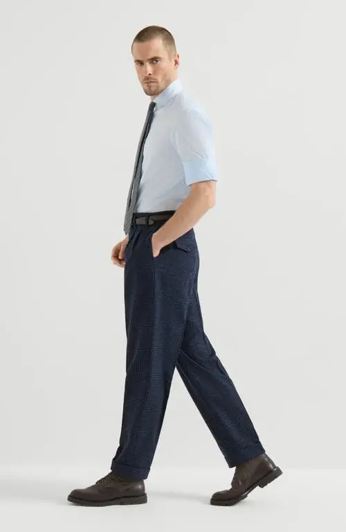 Brunello Cucinelli Double Pleat Prince Of Wales Flannel Trousers - Blue